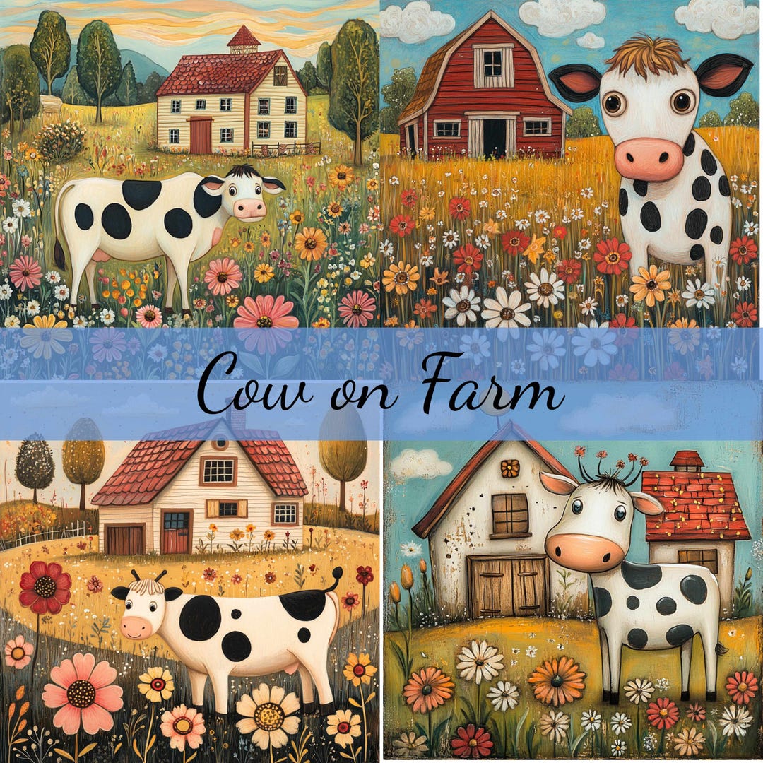 14 Folk Art Cow Barn Farm Clipart Bundle, 14 High-quality JPG, Card ...