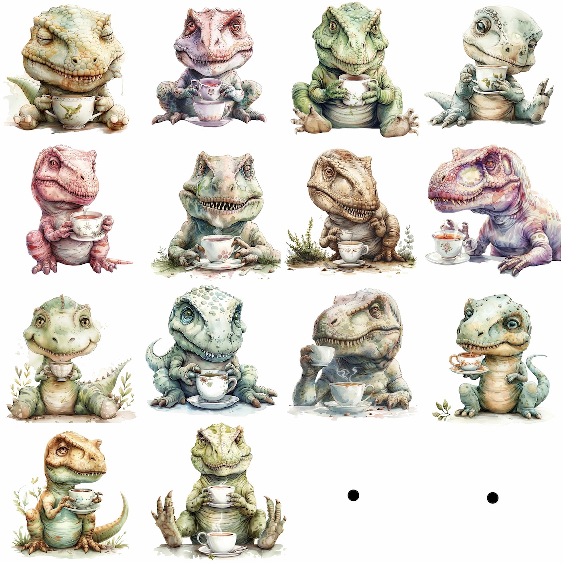 14 T Rex Dinosaur Drinking Coffee Tea Clipart Bundle, High-quality JPG ...