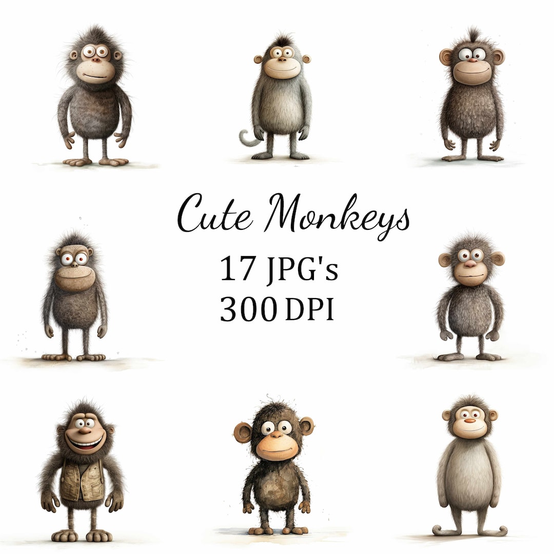 17 Cute Funny Monkeys Clipart Bundle, JPG, Card Making, Clip Art ...