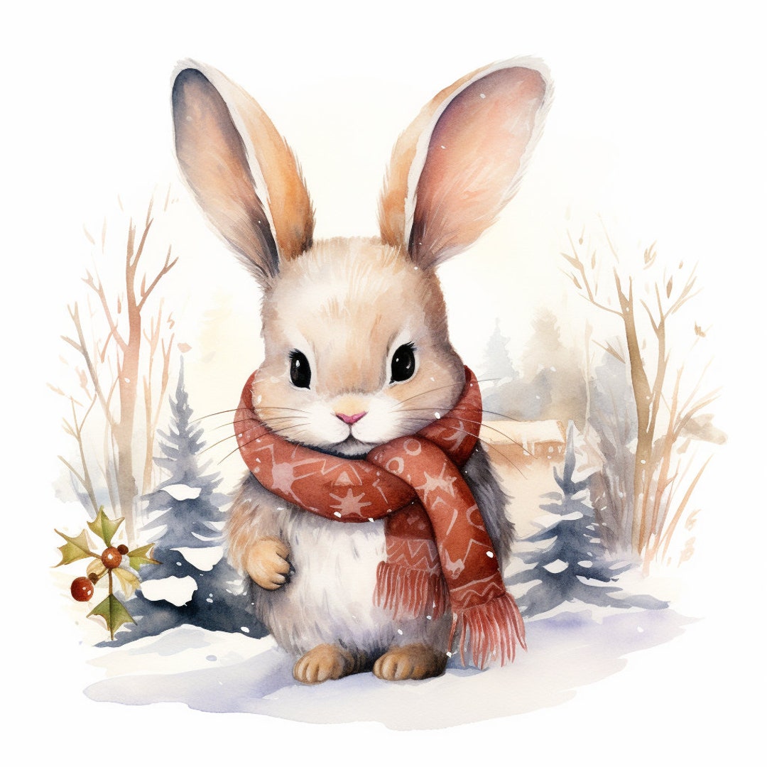 16 Boho Winter Rabbit With Scarf Clipart Bundle, High-quality JPG ...