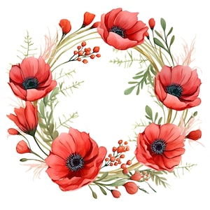 Red Poppy Flower Wreaths Clipart Bundle, High-quality JPG, Craft Art ...