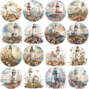 16 Floral Lighthouse in Spring Round Clipart Bundle, High-quality JPG ...