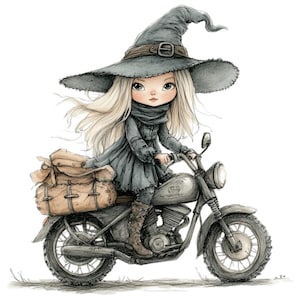 Witch on A Motorcycle Clipart Bundle, 15 JPG and Transparent PNG, Craft ...
