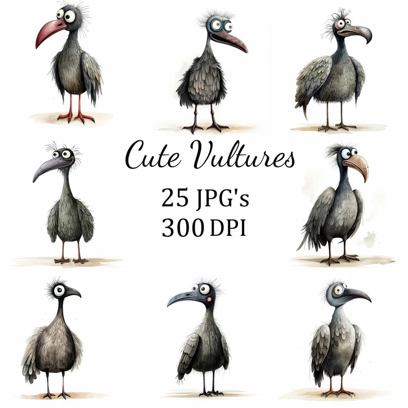 25 Cute Funny Vultures Black Bird Clipart Bundle, JPG, Card Making ...