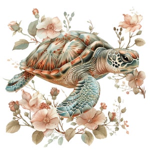 Floral Sea Turtle Flowers Clipart Bundle, 16 High-quality JPG, Craft ...