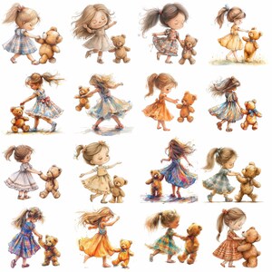 Girl and Teddy Bear Dancing Clipart Bundle, 16 High-quality JPG, Craft ...