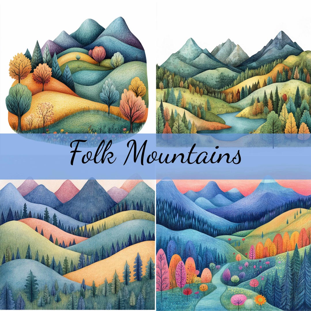 Folk Art Mountains Trees Clipart Bundle, High-quality JPG, Craft Art ...