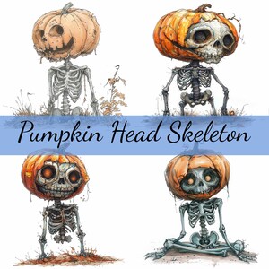 Skeleton With Pumpkin Head Halloween Clipart Bundle, 16 High-quality ...