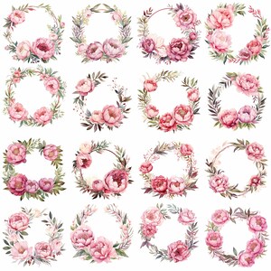 Pink Peony Flower Wreaths Clipart Bundle, High-quality JPG, Craft Art ...