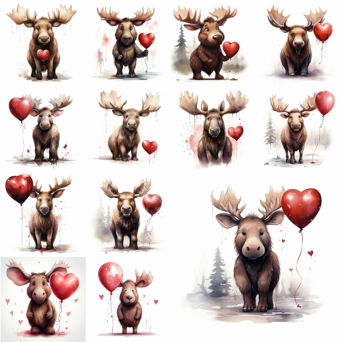 12 Valentine Moose Clipart Bundle, High-quality JPG, Craft Art, Card ...