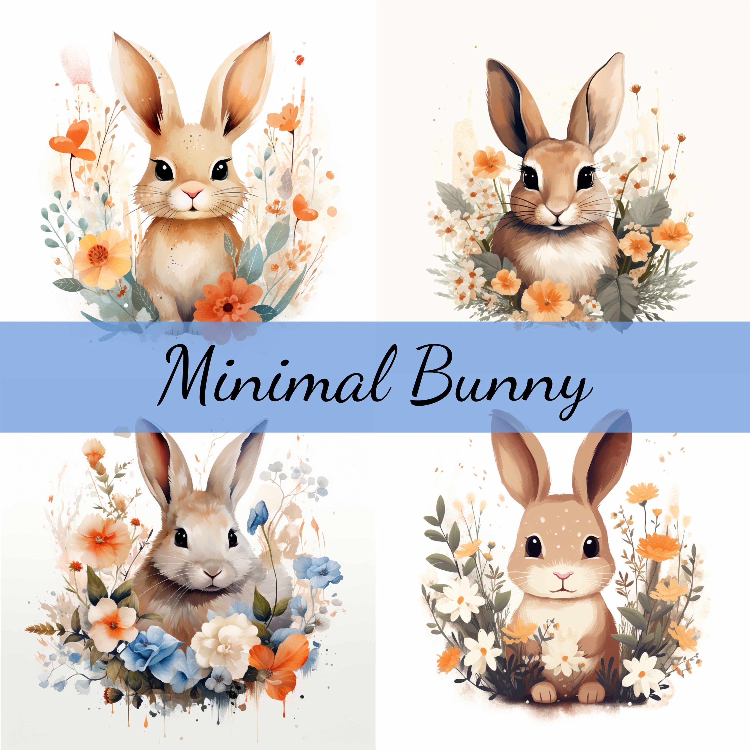 Easter Bunny Flowers Minimalist Clipart Bundle, High-quality JPG, Craft ...