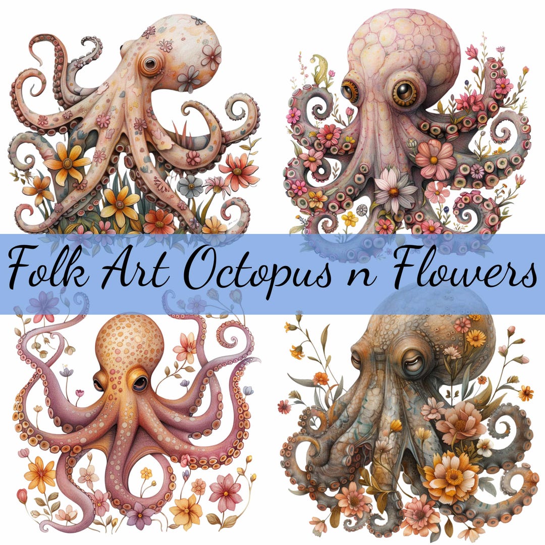Folk Art Octopus W Flowers Clipart Bundle, 12 High-quality JPG, Craft ...