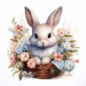 10 Bunny in Easter Basket W Flowers Clipart Bundle, High-quality JPG ...