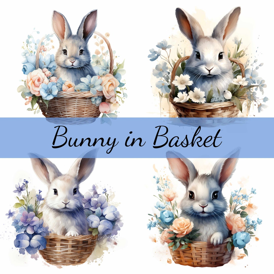 10 Bunny in Easter Basket W Flowers Clipart Bundle, High-quality JPG ...