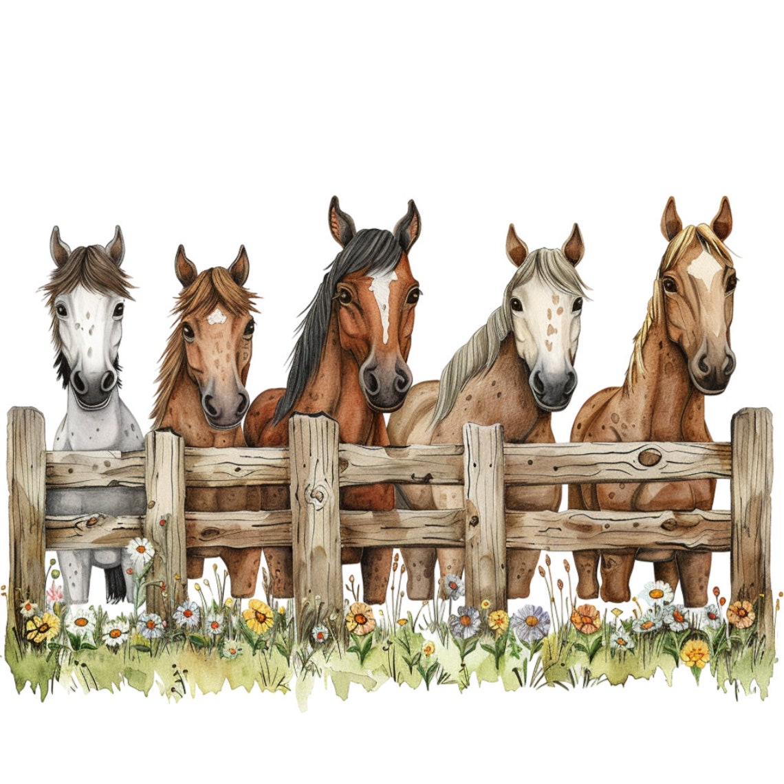 16 Cute Horses on a Farm Fence Clipart Bundle, 16 High-quality JPG ...