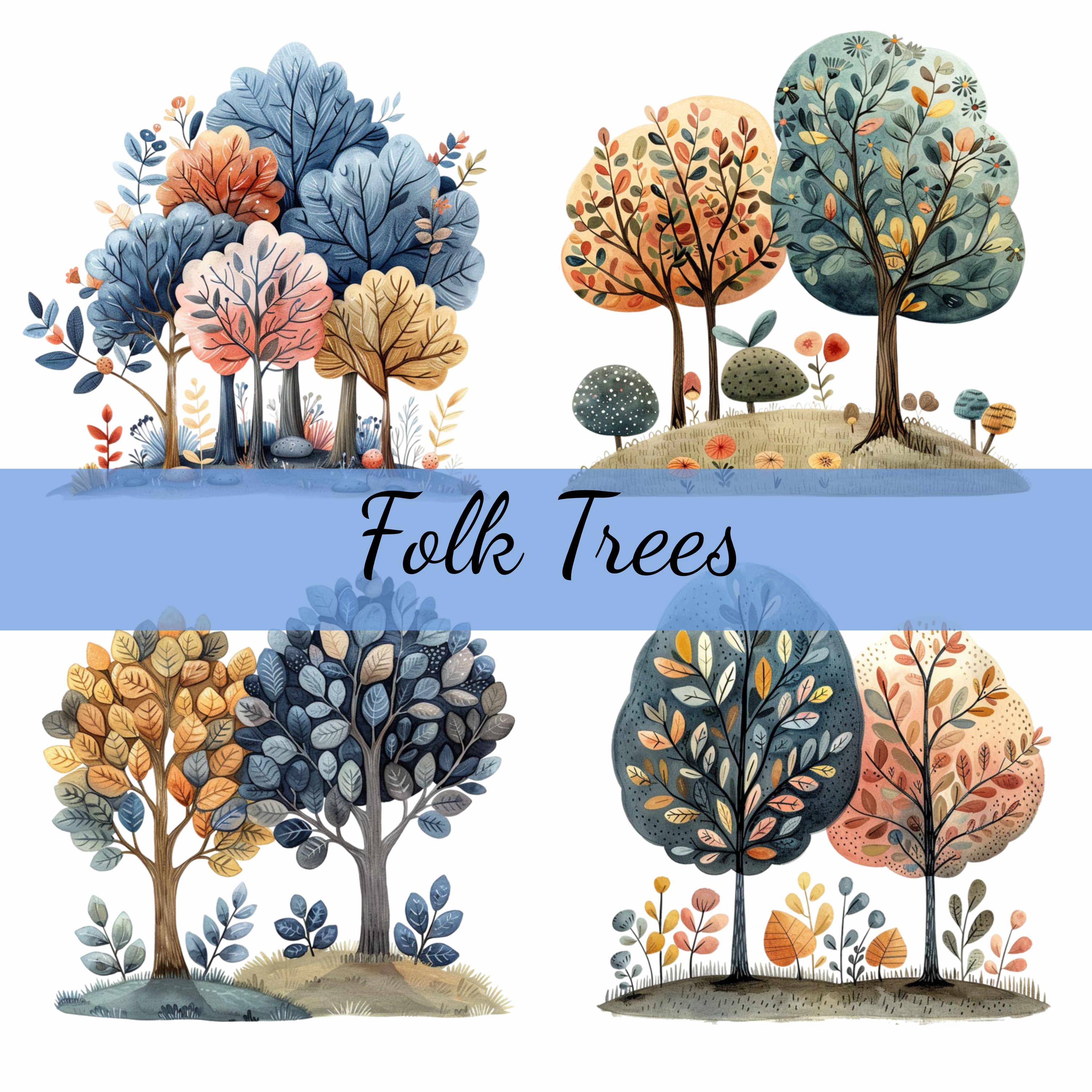 16 Folk Art Trees Clipart Bundle, 16 High-quality JPG, Craft Art, Card ...