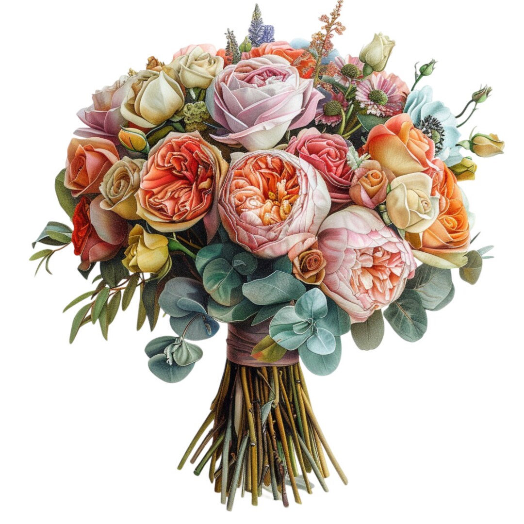 Mixed Pastel Flower Wedding Bouquet Clipart Bundle, 16 High-quality JPG ...