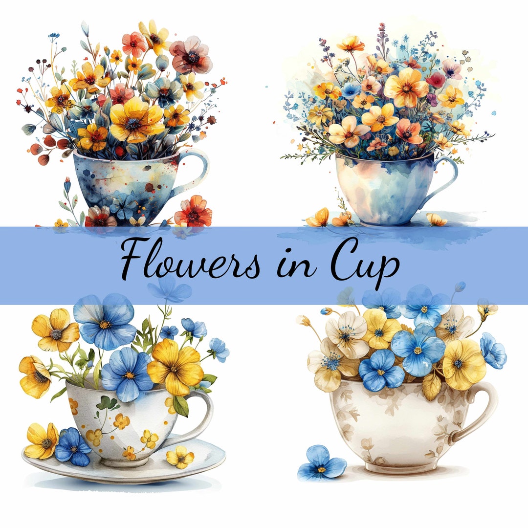 Flower Bouquet in A Mug Tea Cup Clipart Bundle, 16 High-quality JPG ...