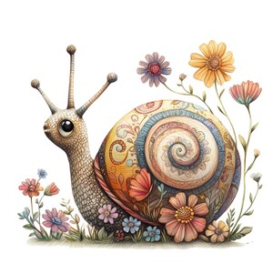 10 Folk Art Snail in Flowers Clipart Bundle, 10 Transparent PNG ...