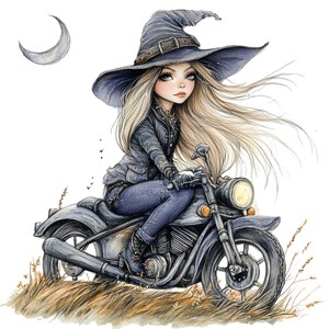 Witch on A Motorcycle Clipart Bundle, 15 JPG and Transparent PNG, Craft ...