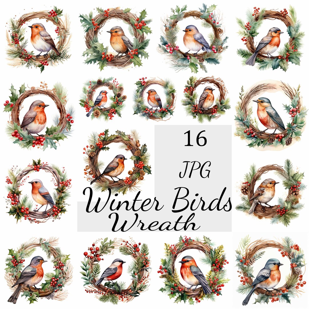 16 Robin Bird in Wreath Clipart Bundle, High-quality JPG, Nursery Art ...