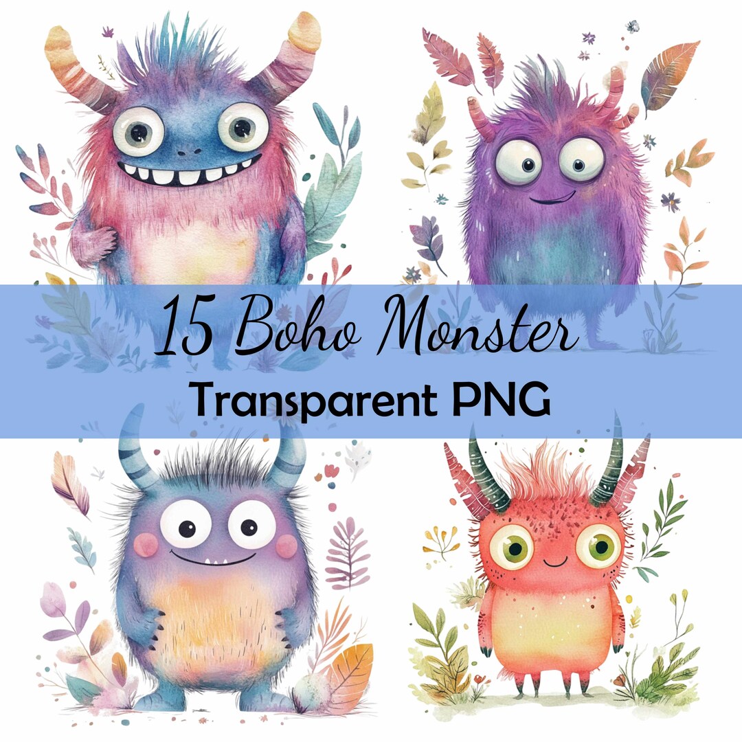 15 Monsters Cute Boho Watercolor Clipart Bundle Transparent PNG ...