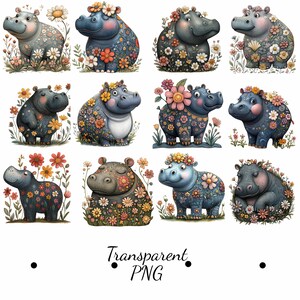 12 Folk Art Hippo With Flowers Clipart Bundle 12 Transparent PNG ...