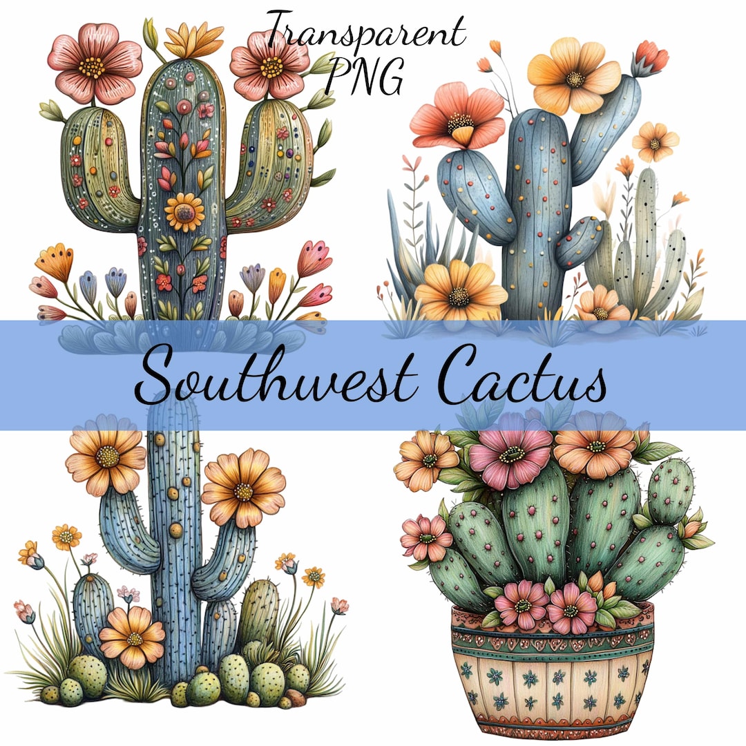 Folk Art Southwest Cactus Flower Clipart Bundle 16 Transparent PNG ...