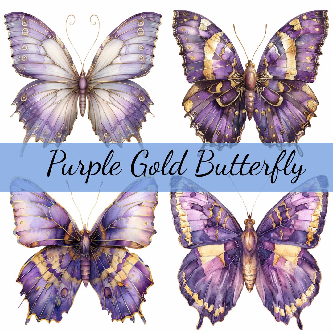 16 Purple and Gold Butterfly Clipart Bundle, 16 High-quality JPG, Craft ...