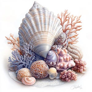 Folk Art Pastel Coral Sea Shells Clipart Bundle 12 Transparent PNG ...