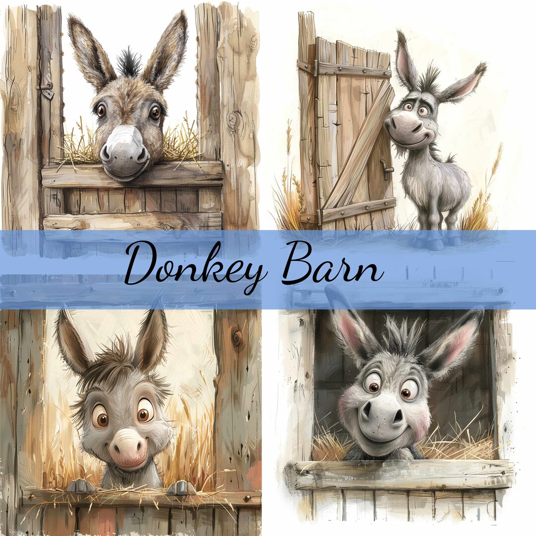 16 Silly Donkey in a Barn Cartoon Clipart Bundle, 16 High-quality JPG ...