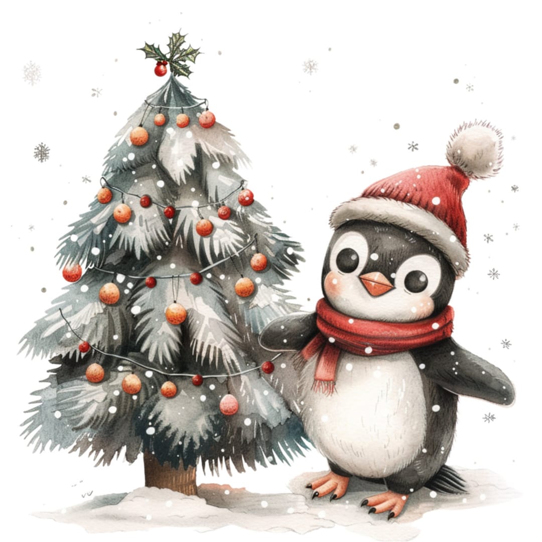 Penguin With Christmas Tree Clipart Bundle, 14 High-quality JPG, Craft ...