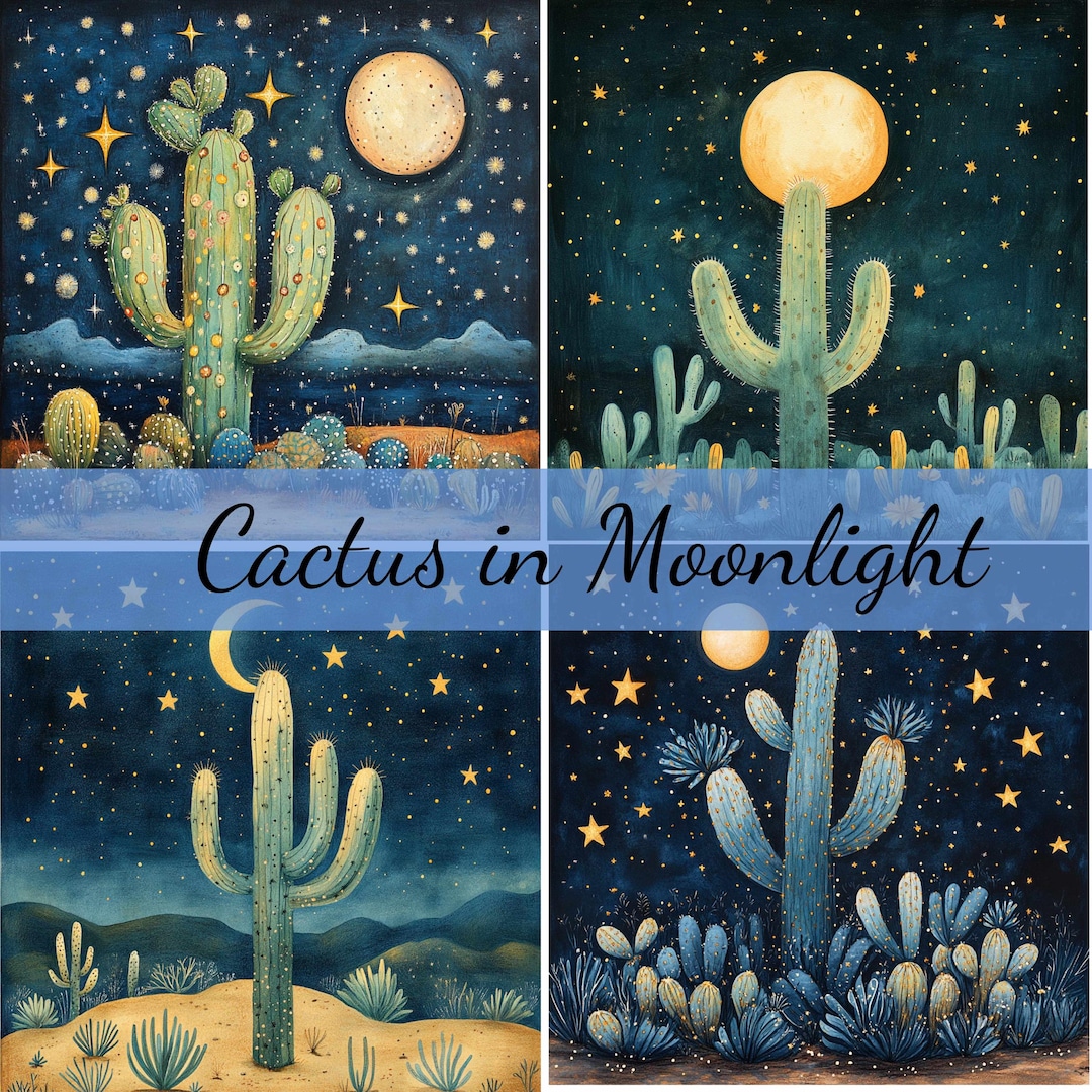 16 Desert Cactus in Moon Light Night Clipart Bundle, 16 High-quality ...