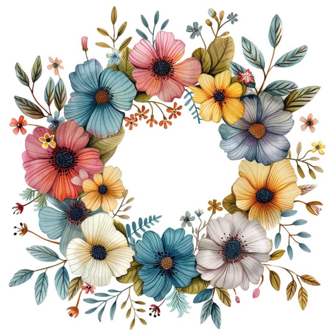 Folk Art Floral Wreath and Flowers Clipart Bundle, 16 High-quality JPG ...