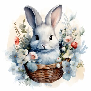 10 Bunny in Easter Basket W Flowers Clipart Bundle, High-quality JPG ...