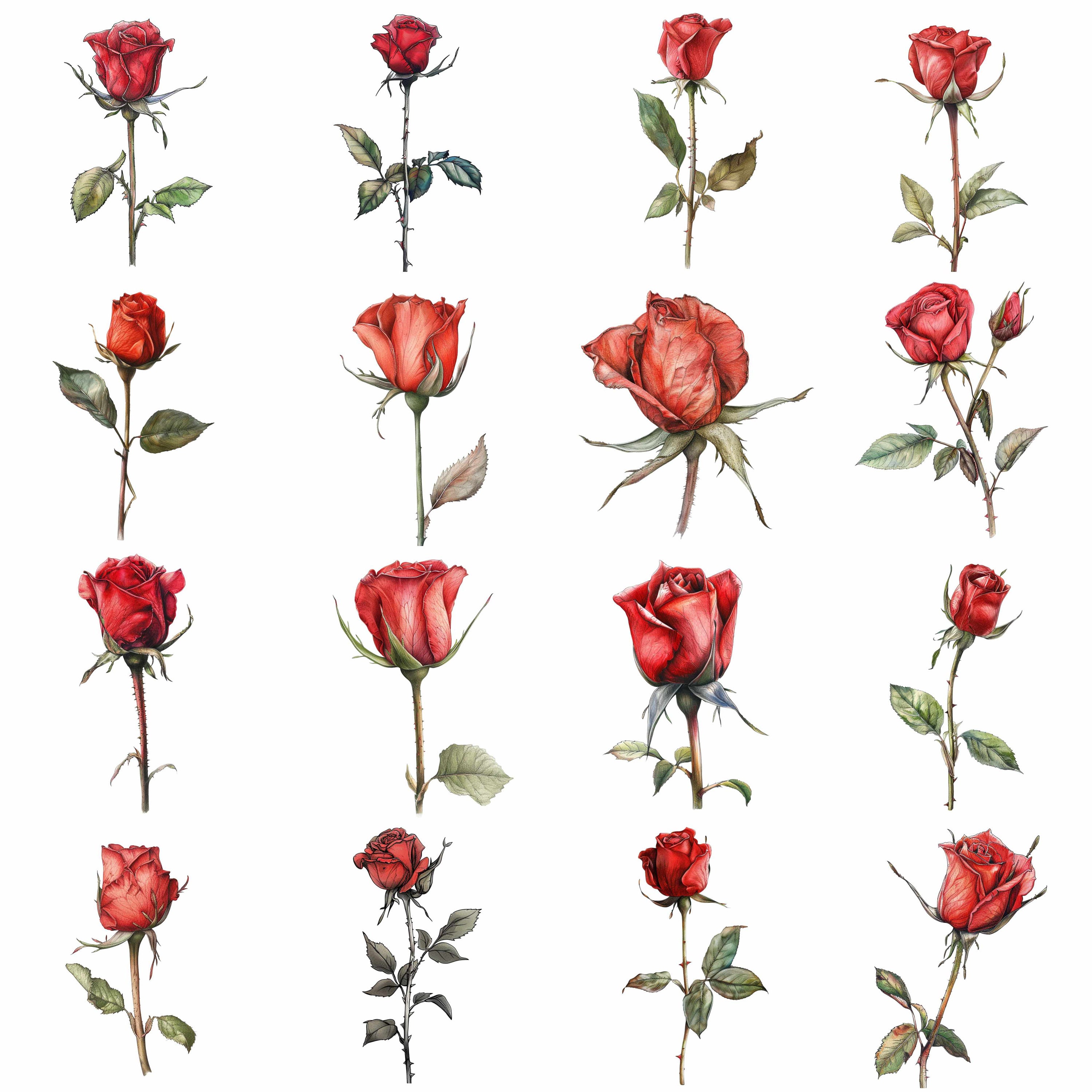 Red Rose Stem Clipart Bundle, 16 High-quality JPG, Craft Art, Card ...