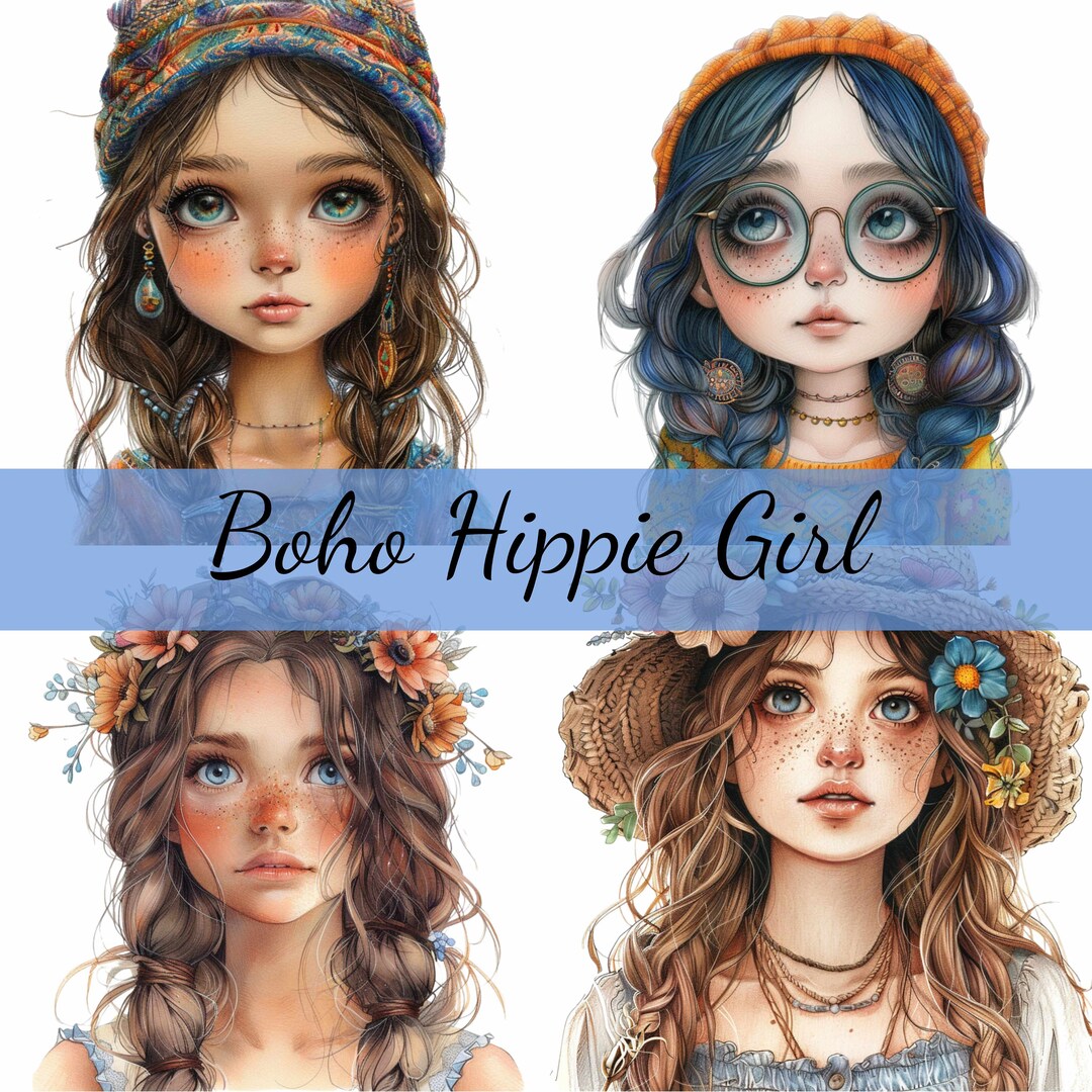 15 Cute Boho Girl Hippie Clipart Bundle, 15 High-quality JPG, Craft Art ...