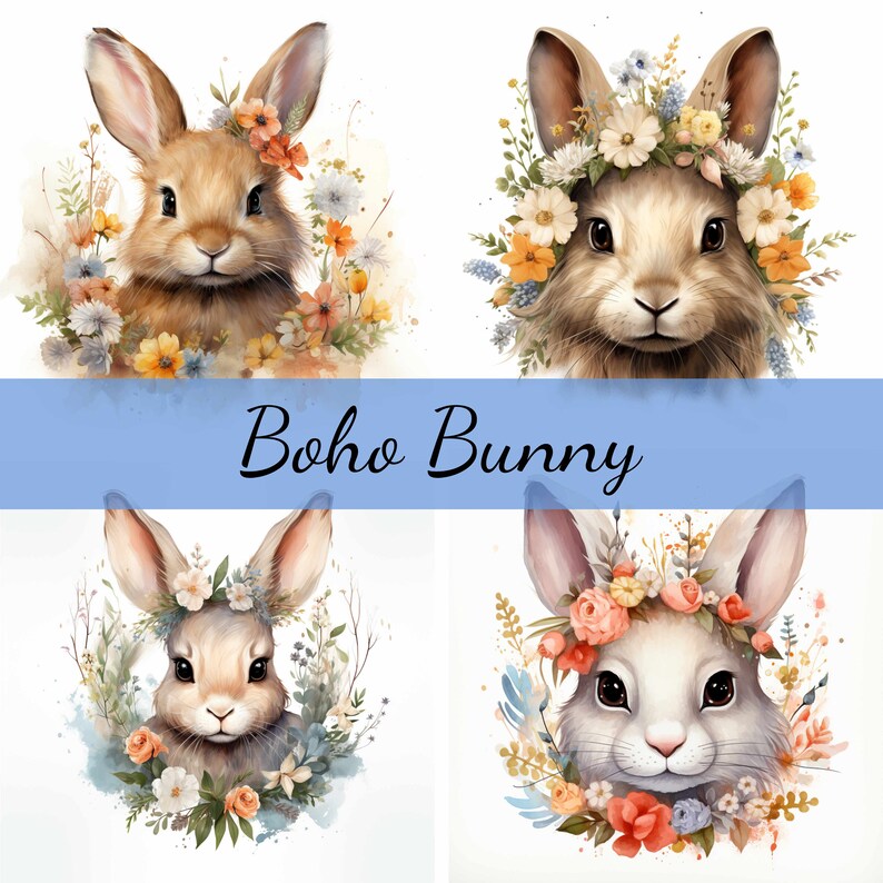 Boho Easter Bunny W Flowers Clipart Bundle, High-quality JPG, Craft Art ...