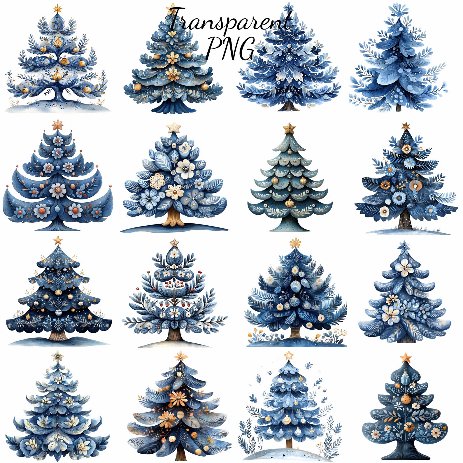 Folk Art Blue Christmas Tree 16 Clipart Bundle, Transparent PNG ...