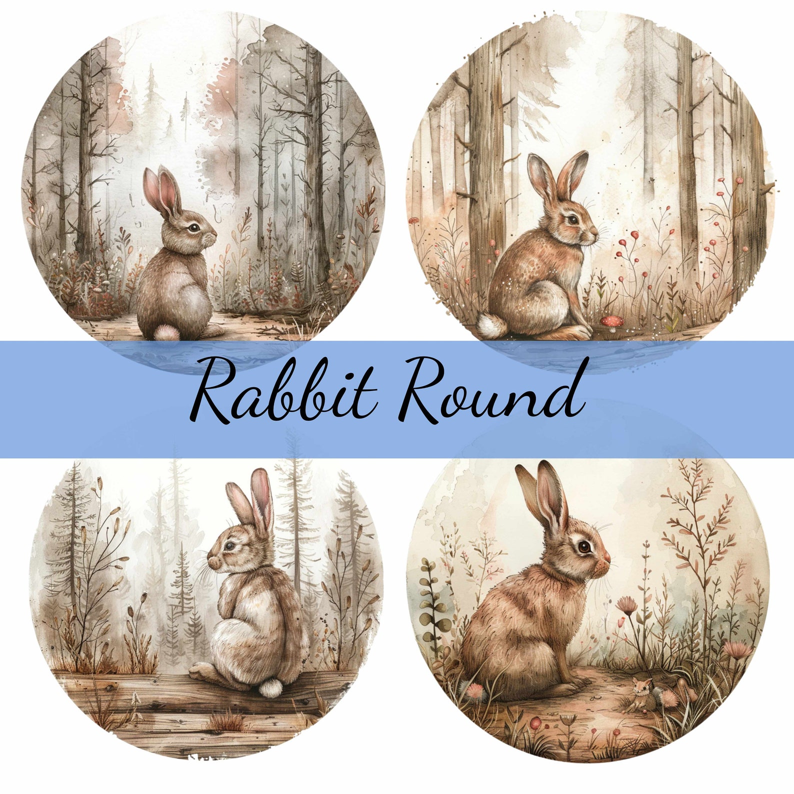 16 Round Hare Rabbit in Woods Bunny Clipart Bundle, 16 High-quality JPG ...