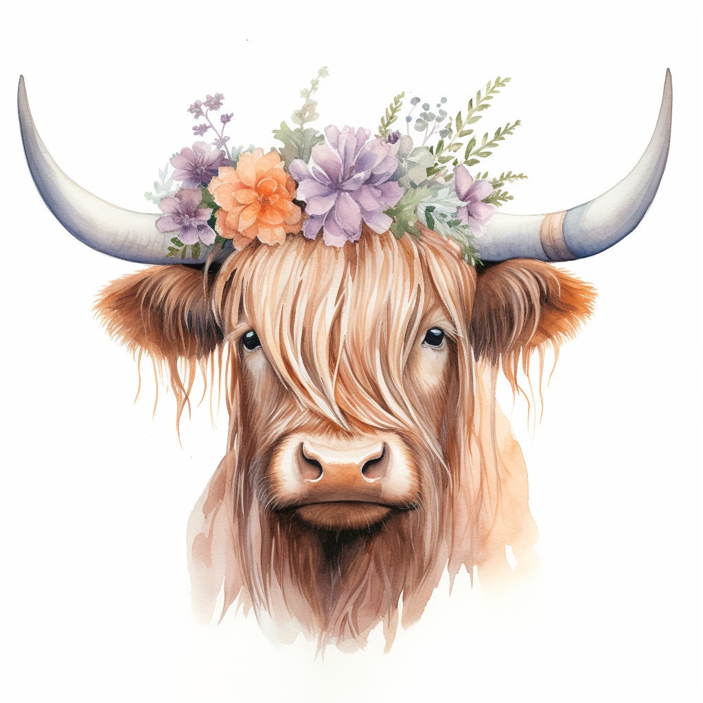 Boho Highland Cow Flower Crown Clipart Bundle, High-quality JPG, Craft ...