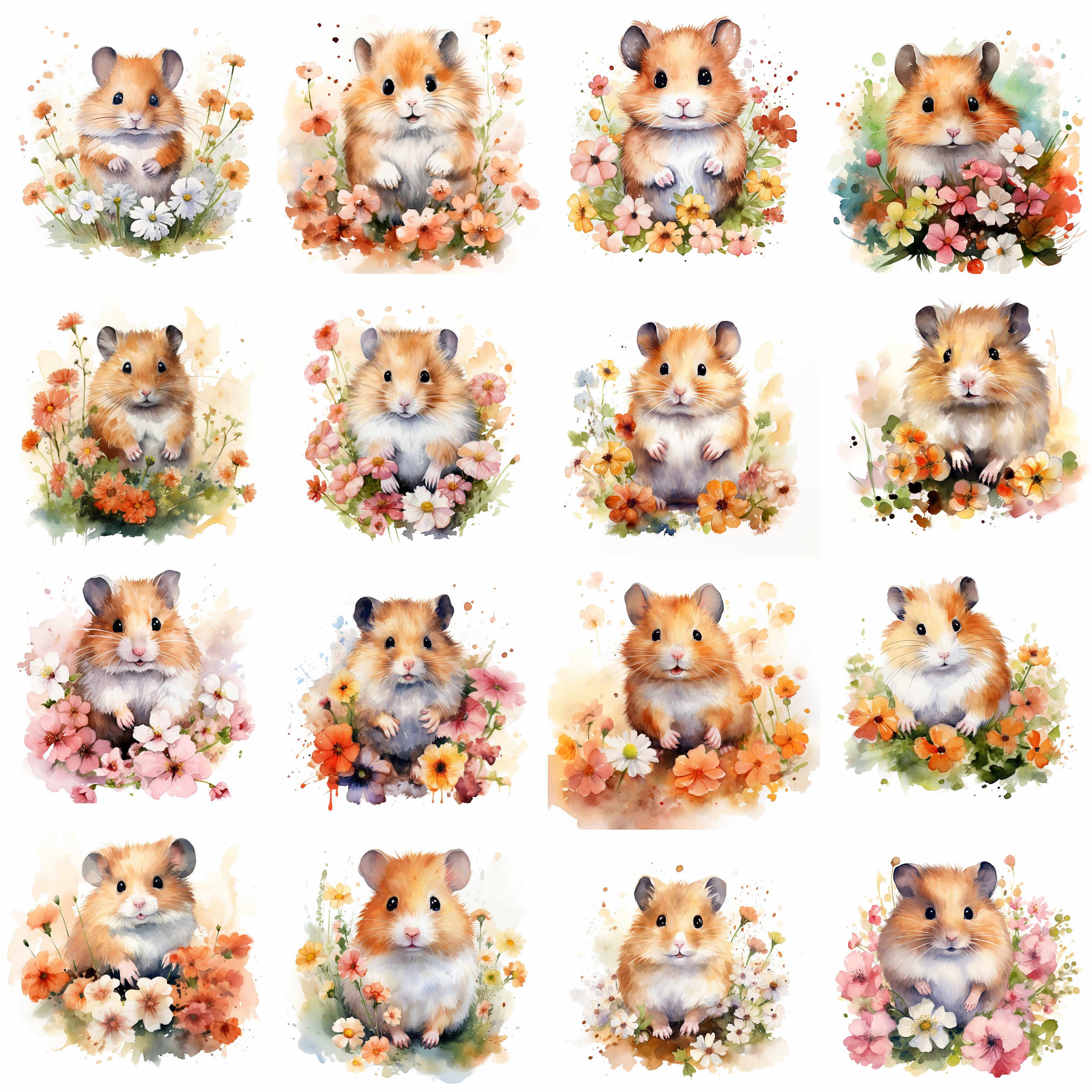 Cute Hamster in Flowers Clipart Bundle, High-quality JPG, Craft Art ...