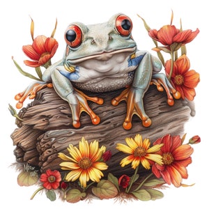 15 Cute Frog on Log With Flowers Clipart Bundle, 15 High-quality JPG ...