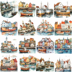 16 Folk Art Harbor Boats Houses Clipart Bundle, 16 High-quality JPG ...