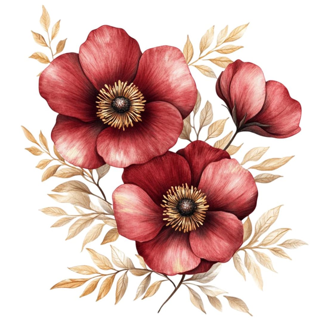 Red Flowers With Gold Clipart Bundle, 16 JPG and Transparent PNG ...