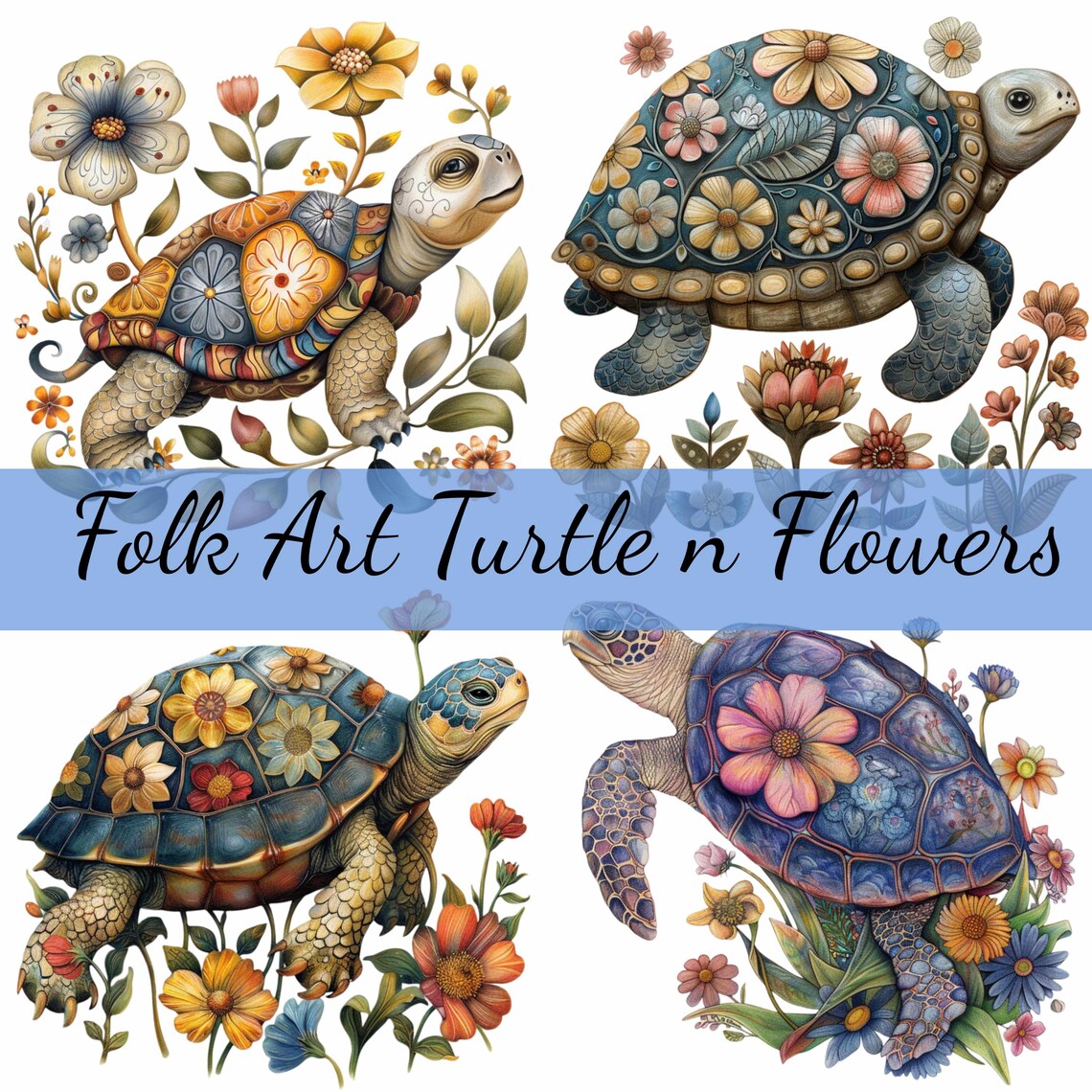 16 Folk Art Turtle W Flowers Clipart Bundle, 16 High-quality JPG, Craft ...
