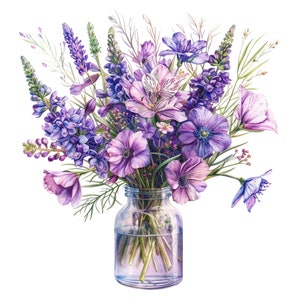 Purple Flowers in Vase Wildflowers Clipart Bundle, 16 High-quality JPG ...
