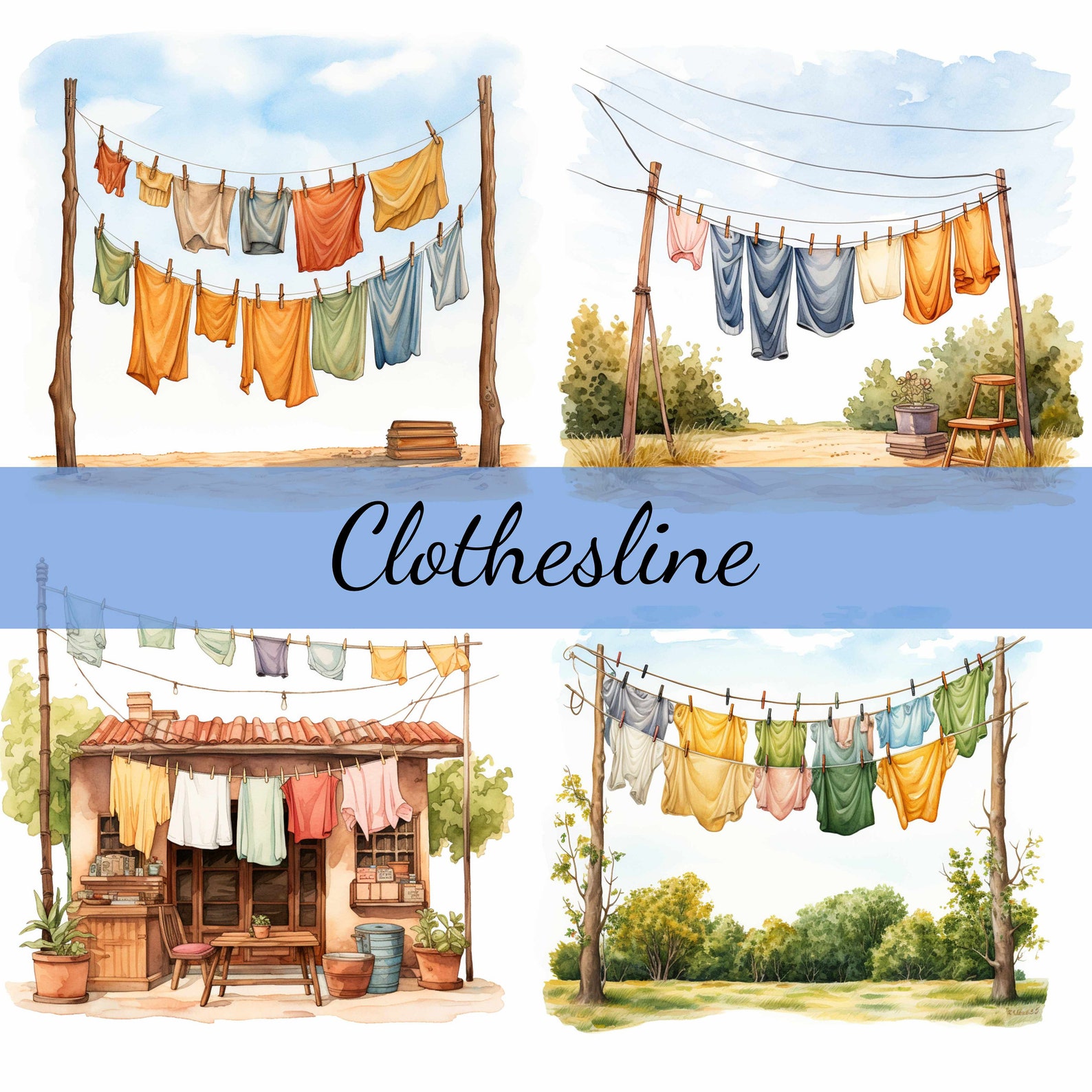 Clothesline Clothes Clipart Bundle, High-quality JPG, Craft Art, Card ...