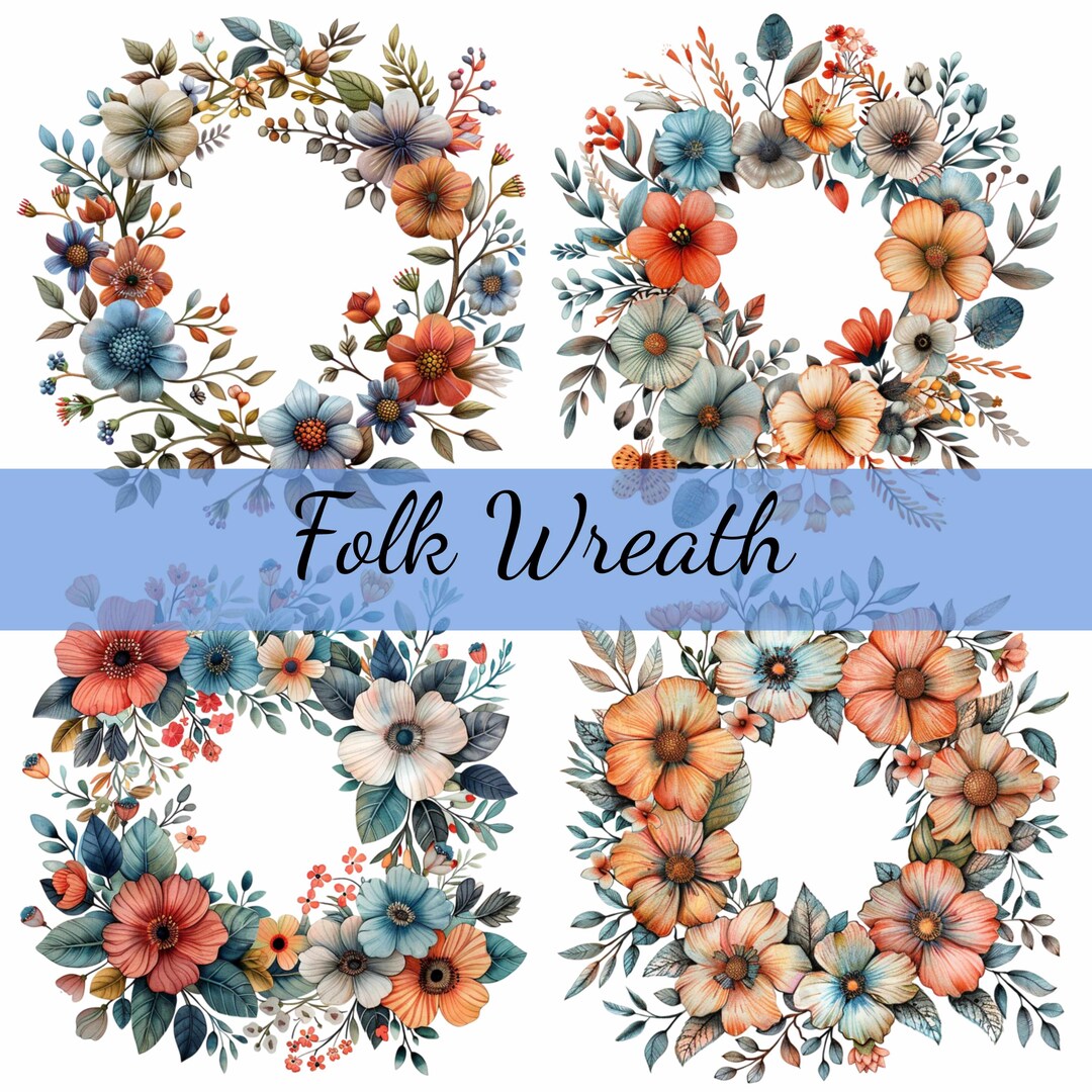 Folk Art Floral Wreath and Flowers Clipart Bundle, 16 High-quality JPG ...