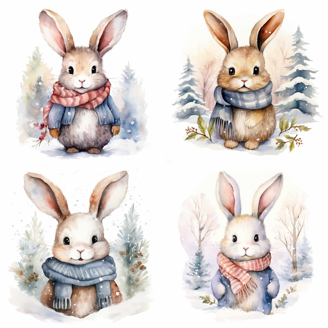 16 Boho Winter Rabbit With Scarf Clipart Bundle, High-quality JPG ...